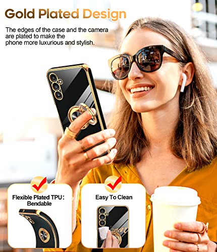 LeYi for Samsung Galaxy A14 5G Case: with 2 Pack Tempered Glass Screen Protector and 360° Rotatable Ring Holder Magnetic Kickstand, Plating Rose Gold Edge Protective Samsung A 14 5G Case, Black