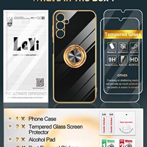 LeYi for Samsung Galaxy A14 5G Case: with 2 Pack Tempered Glass Screen Protector and 360° Rotatable Ring Holder Magnetic Kickstand, Plating Rose Gold Edge Protective Samsung A 14 5G Case, Black