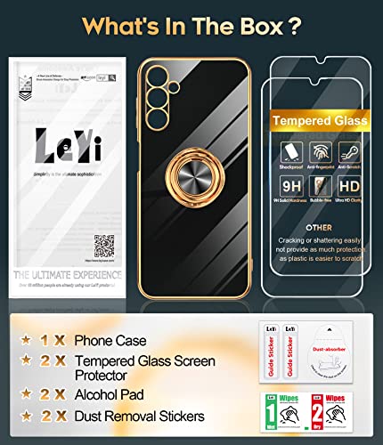 LeYi for Samsung Galaxy A14 5G Case: with 2 Pack Tempered Glass Screen Protector and 360° Rotatable Ring Holder Magnetic Kickstand, Plating Rose Gold Edge Protective Samsung A 14 5G Case, Black