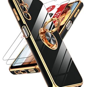 LeYi for Samsung Galaxy A14 5G Case: with 2 Pack Tempered Glass Screen Protector and 360° Rotatable Ring Holder Magnetic Kickstand, Plating Rose Gold Edge Protective Samsung A 14 5G Case, Black