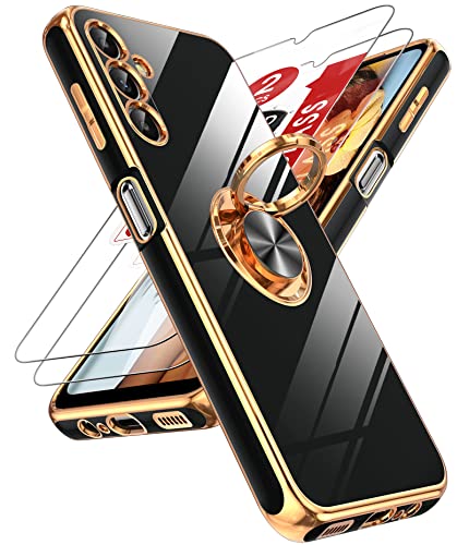 LeYi for Samsung Galaxy A14 5G Case: with 2 Pack Tempered Glass Screen Protector and 360° Rotatable Ring Holder Magnetic Kickstand, Plating Rose Gold Edge Protective Samsung A 14 5G Case, Black