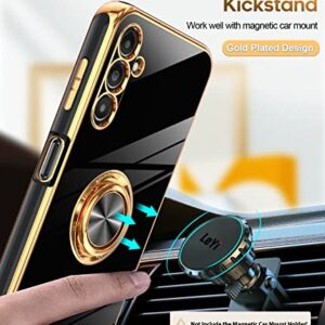 LeYi for Samsung Galaxy A14 5G Case: with 2 Pack Tempered Glass Screen Protector and 360° Rotatable Ring Holder Magnetic Kickstand, Plating Rose Gold Edge Protective Samsung A 14 5G Case, Black