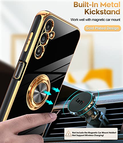 LeYi for Samsung Galaxy A14 5G Case: with 2 Pack Tempered Glass Screen Protector and 360° Rotatable Ring Holder Magnetic Kickstand, Plating Rose Gold Edge Protective Samsung A 14 5G Case, Black