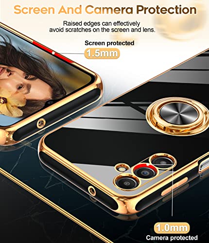 LeYi for Samsung Galaxy A14 5G Case: with 2 Pack Tempered Glass Screen Protector and 360° Rotatable Ring Holder Magnetic Kickstand, Plating Rose Gold Edge Protective Samsung A 14 5G Case, Black