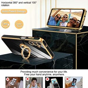 LeYi for Samsung Galaxy A14 5G Case: with 2 Pack Tempered Glass Screen Protector and 360° Rotatable Ring Holder Magnetic Kickstand, Plating Rose Gold Edge Protective Samsung A 14 5G Case, Black