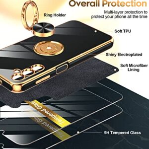 LeYi for Samsung Galaxy A14 5G Case: with 2 Pack Tempered Glass Screen Protector and 360° Rotatable Ring Holder Magnetic Kickstand, Plating Rose Gold Edge Protective Samsung A 14 5G Case, Black