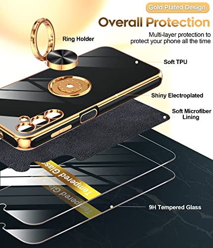 LeYi for Samsung Galaxy A14 5G Case: with 2 Pack Tempered Glass Screen Protector and 360° Rotatable Ring Holder Magnetic Kickstand, Plating Rose Gold Edge Protective Samsung A 14 5G Case, Black