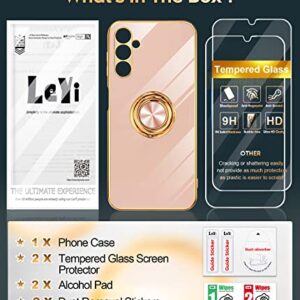 LeYi for Samsung Galaxy A14 5G Case with Tempered Glass Screen Protector [2 Pack] 360° Rotatable Ring Holder Magnetic Kickstand, Plating Rose Gold Edge Protective Case, Pink