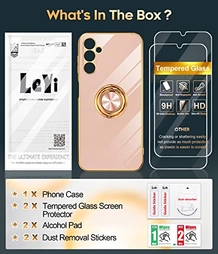 LeYi for Samsung Galaxy A14 5G Case with Tempered Glass Screen Protector [2 Pack] 360° Rotatable Ring Holder Magnetic Kickstand, Plating Rose Gold Edge Protective Case, Pink