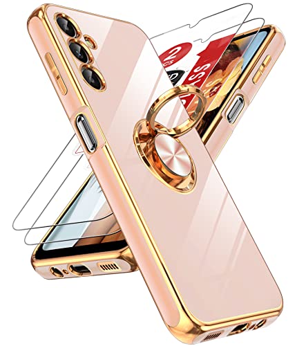 LeYi for Samsung Galaxy A14 5G Case with Tempered Glass Screen Protector [2 Pack] 360° Rotatable Ring Holder Magnetic Kickstand, Plating Rose Gold Edge Protective Case, Pink