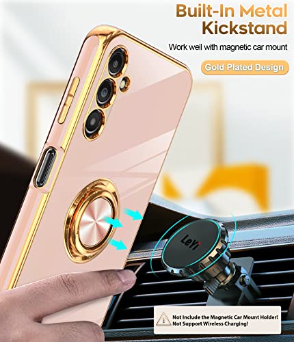 LeYi for Samsung Galaxy A14 5G Case with Tempered Glass Screen Protector [2 Pack] 360° Rotatable Ring Holder Magnetic Kickstand, Plating Rose Gold Edge Protective Case, Pink