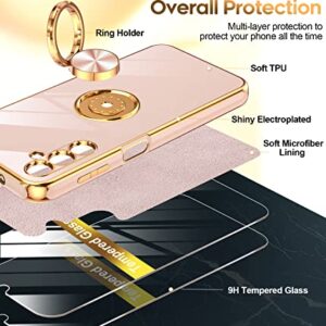 LeYi for Samsung Galaxy A14 5G Case with Tempered Glass Screen Protector [2 Pack] 360° Rotatable Ring Holder Magnetic Kickstand, Plating Rose Gold Edge Protective Case, Pink