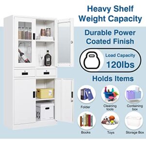 PEUKC Kitchen Pantry Cabinet, 71" Freestanding Kitchen Pantry Storage Cabinet with Drawer and Adjustable Shelves, Metal Tall Pantry Cabinet Cupborad with Glasses Doors, White