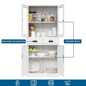 PEUKC Kitchen Pantry Cabinet, 71" Freestanding Kitchen Pantry Storage Cabinet with Drawer and Adjustable Shelves, Metal Tall Pantry Cabinet Cupborad with Glasses Doors, White