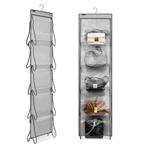 anzorg 1 pcs dual sided hanging handbags organizer closet shoe holder with 10 large pockets storage for towel scarf clothes (grey)