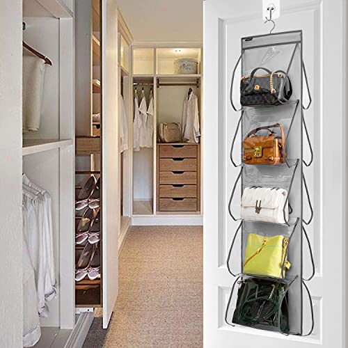 ANZORG 1 Pcs Dual Sided Hanging Handbags Organizer Closet Shoe Holder with 10 Large Pockets Storage for Towel Scarf Clothes (GREY)