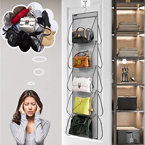 ANZORG 1 Pcs Dual Sided Hanging Handbags Organizer Closet Shoe Holder with 10 Large Pockets Storage for Towel Scarf Clothes (GREY)