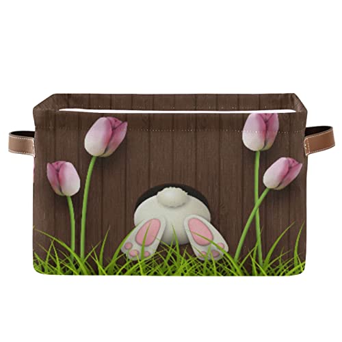 senya Easter Basket, Easter Bunny Pink Tulips Foldable Fabric Collapsible Storage Bins Organizer Bag for Storage Clothes