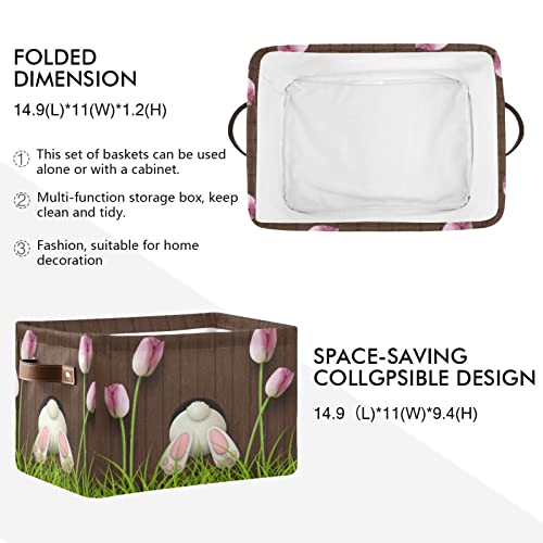 senya Easter Basket, Easter Bunny Pink Tulips Foldable Fabric Collapsible Storage Bins Organizer Bag for Storage Clothes