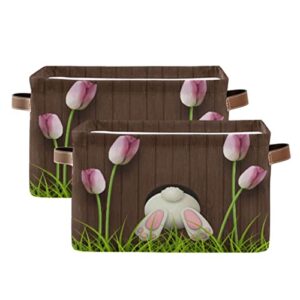 senya Easter Basket, Easter Bunny Pink Tulips Foldable Fabric Collapsible Storage Bins Organizer Bag for Storage Clothes