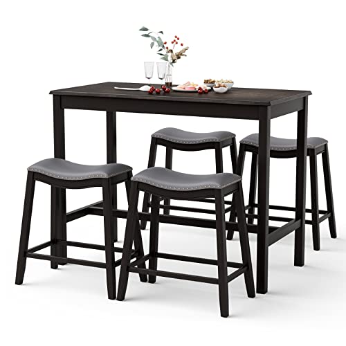 GOFLAME 5 Pieces Bar Table Set, Bistro Table Set for 4, Counter Height Pub Table with 4 Upholstered Stools, Modern Kitchen & Dining Room Table Set, Breakfast Table Set for Home, Restaurant, Pub