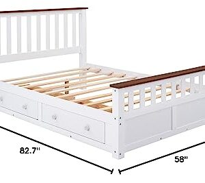 ERDAYE Full Size Bedframe Wooden Platform Bed with Two Storage Drawers and Wood Slat Support, White+Walnut