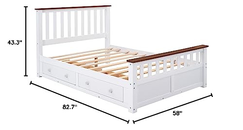 ERDAYE Full Size Bedframe Wooden Platform Bed with Two Storage Drawers and Wood Slat Support, White+Walnut