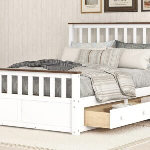 ERDAYE Full Size Bedframe Wooden Platform Bed with Two Storage Drawers and Wood Slat Support, White+Walnut