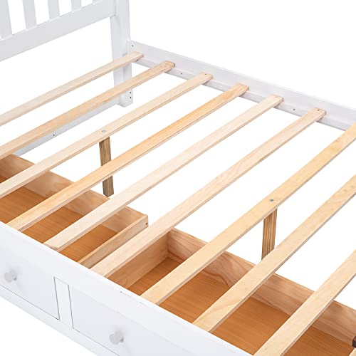 ERDAYE Full Size Bedframe Wooden Platform Bed with Two Storage Drawers and Wood Slat Support, White+Walnut