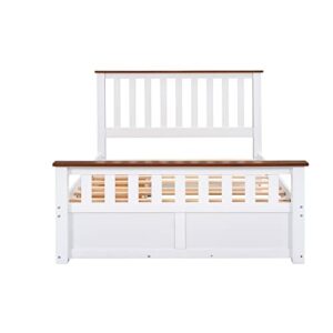 ERDAYE Full Size Bedframe Wooden Platform Bed with Two Storage Drawers and Wood Slat Support, White+Walnut