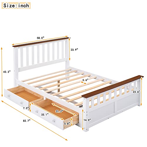 ERDAYE Full Size Bedframe Wooden Platform Bed with Two Storage Drawers and Wood Slat Support, White+Walnut