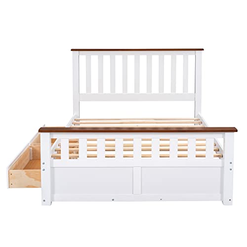 ERDAYE Full Size Bedframe Wooden Platform Bed with Two Storage Drawers and Wood Slat Support, White+Walnut