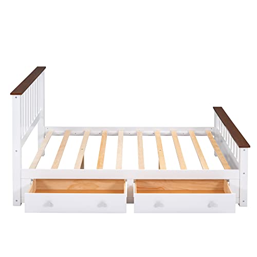 ERDAYE Full Size Bedframe Wooden Platform Bed with Two Storage Drawers and Wood Slat Support, White+Walnut