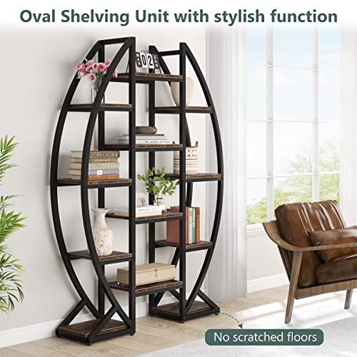 Bookshelf, Oval Triple Wide 5 Tiers Etagere Bookcases, Industrial Display Shelves for Living Room (Brown, 47")