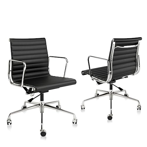 Furgle Ribbed Office Chair, Black Genuine Leather Desk Chair, Mid Back, Adjustable Ergonomic Computer Desk Chair with Aluminium Alloy Frame and Silent Nylon Wheels Load Capacity Up to 360 lbs