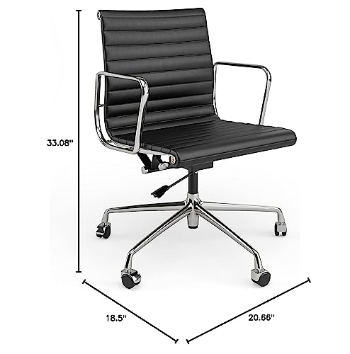 Furgle Ribbed Office Chair, Black Genuine Leather Desk Chair, Mid Back, Adjustable Ergonomic Computer Desk Chair with Aluminium Alloy Frame and Silent Nylon Wheels Load Capacity Up to 360 lbs