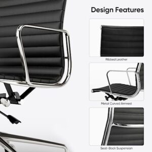 Furgle Ribbed Office Chair, Black Genuine Leather Desk Chair, Mid Back, Adjustable Ergonomic Computer Desk Chair with Aluminium Alloy Frame and Silent Nylon Wheels Load Capacity Up to 360 lbs