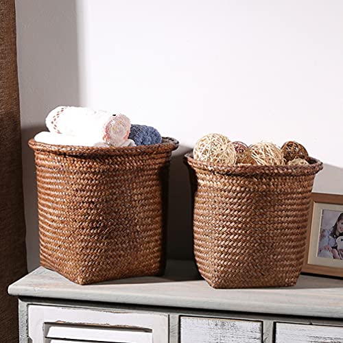 STOBOK Woven Trash Can Retro Straw Woven Wastebasket Round Straw Rattan Garbage Bin Planter Basket for Home Kitchen Office Bedroom Waste Paper Bin, 26X26X26CM