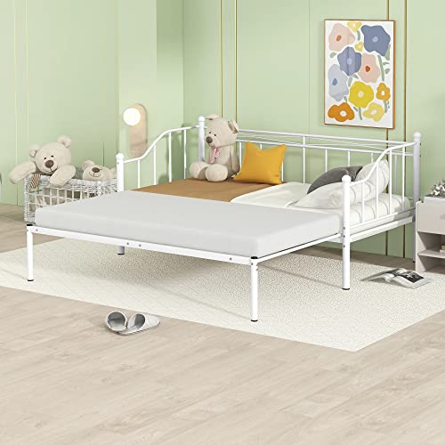 Polibi Twin Size Metal Daybed with Trundle, Extendable Day Bed Frame for Living Room Bedroom, No Spring Box Required, White