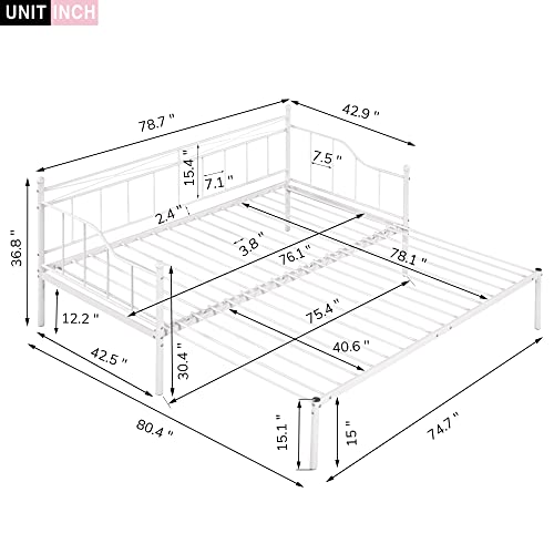 Polibi Twin Size Metal Daybed with Trundle, Extendable Day Bed Frame for Living Room Bedroom, No Spring Box Required, White