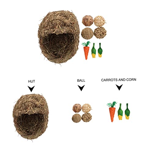 balacoo 1set Rabbit Bed Hut Bunny Mat House Sleeping Pet Hamsters Woven Hideaway for Grass Chew Natural Toys Pigs Bedding Small Chinchilla Ball Straw Playhouse Hand-Woven with Nest Guinea