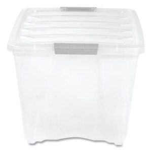 mdmprint stack and pull latching flat lid storage box, 13.5 gal, 22" x 16.5" x 13.03", clear