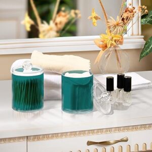 JUMBEAR 4 Pack Teal Green Solid Color Qtip Holder Dispenser with Lid 14 oz Clear Plastic Apothecary Jar Set for Bathroom Vanity Organizers Storage Containers