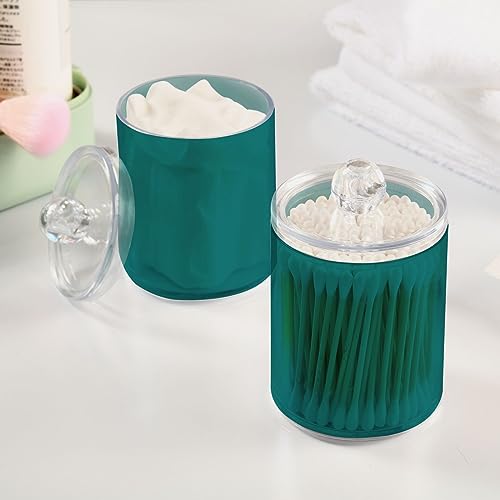 JUMBEAR 4 Pack Teal Green Solid Color Qtip Holder Dispenser with Lid 14 oz Clear Plastic Apothecary Jar Set for Bathroom Vanity Organizers Storage Containers