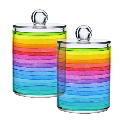 JUMBEAR 2 Pack Rainbow Stripe Qtip Holder Dispenser with Lid 14 oz Clear Plastic Apothecary Jar Set for Bathroom Vanity Organizers Storage Containers