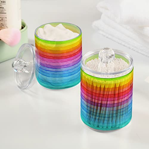 JUMBEAR 2 Pack Rainbow Stripe Qtip Holder Dispenser with Lid 14 oz Clear Plastic Apothecary Jar Set for Bathroom Vanity Organizers Storage Containers