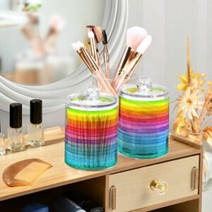 JUMBEAR 2 Pack Rainbow Stripe Qtip Holder Dispenser with Lid 14 oz Clear Plastic Apothecary Jar Set for Bathroom Vanity Organizers Storage Containers