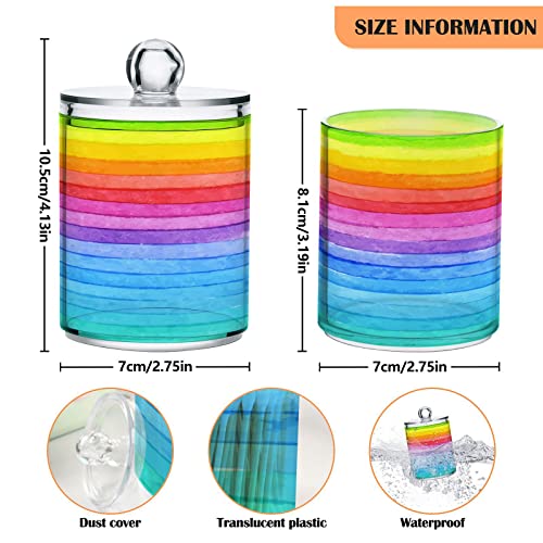 JUMBEAR 2 Pack Rainbow Stripe Qtip Holder Dispenser with Lid 14 oz Clear Plastic Apothecary Jar Set for Bathroom Vanity Organizers Storage Containers