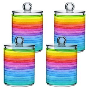 JUMBEAR 2 Pack Rainbow Stripe Qtip Holder Dispenser with Lid 14 oz Clear Plastic Apothecary Jar Set for Bathroom Vanity Organizers Storage Containers