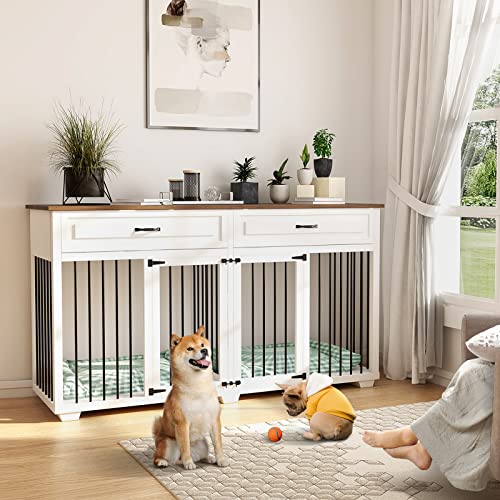 PIAOMTIEE Dog Crate Furniture, 72.4 Inch Wooden Dog Kennel, Modern Decorative Dog Crate End Table, Dog House with Double Doors, Drawers, Divider, Indoor Dog Cage for Large Medium Dogs, White